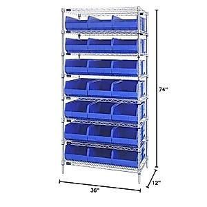 Quantum WR8-425BL Bin Wire Shelving System, 36'W x 12'D x 74'H, Carbon Steel, Chrome with Blue Bins