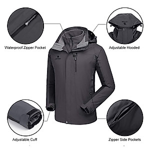 CAMEL CROWN Men’s Ski Jacket 3 in 1 Waterproof Winter Jacket Snow Jacket Windproof Hooded with Inner Warm Fleece Coat Dark Grey