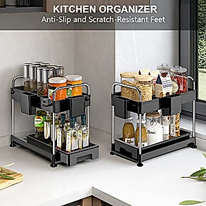 Luyata 2 Pack Under Sink Organizers, 2 Tier Under Cabinet Organizer Sliding, Under Cabinet Storage, Kitchen Organizer, Bathroom Organizer Under Sink With 8 Divider 8 Hooks and 4 Hanging Cups Black