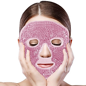 Jakuva Hot and Cold Therapy Full Face Gel Mask,Face Ice Mask for Woman Man,Gel Beads Eye Mask&Compress Pearl Treatment for Headache, Puffiness,Migraine Relief,Face SPA & Overall Skin Care (Pink)