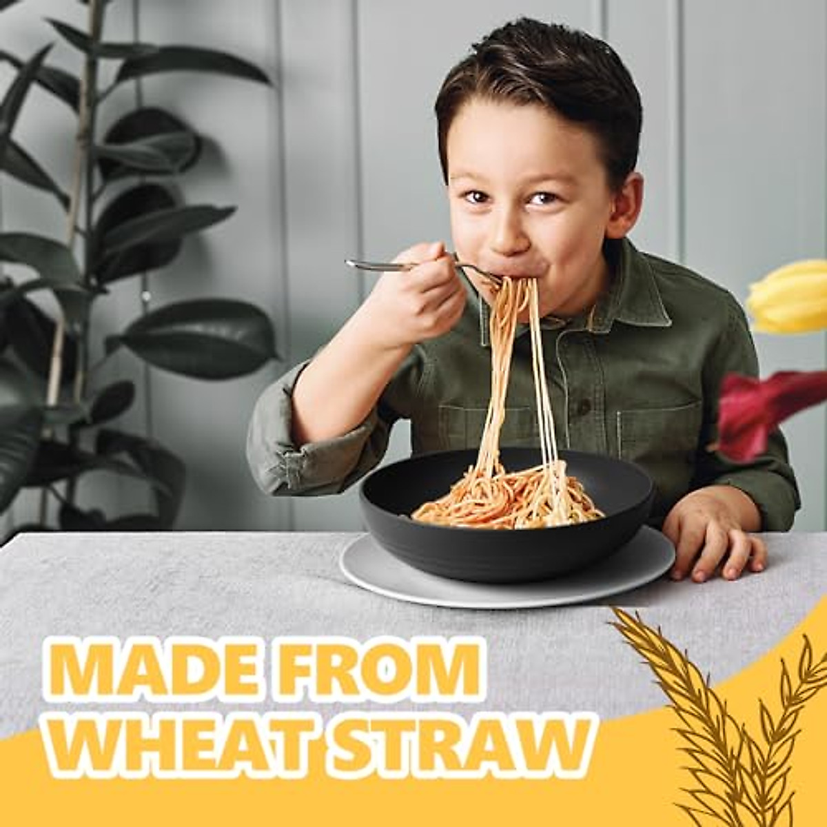 Teivio 24-Piece Kitchen Plastic Wheat Straw Dinnerware Set, Service for 6, Dinner Plates, Dessert Plate, Cereal Bowls, Pasta Bowls, Unbreakable Outdoor Camping Dishes, Black