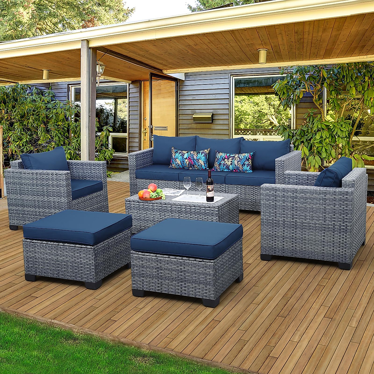 Lviden 6 Pieces Wicker Patio Furniture Sets Outdoor Conversation Set PE Rattan Sectional Sofa Couch with Storage Table and Royal Blue Cushions