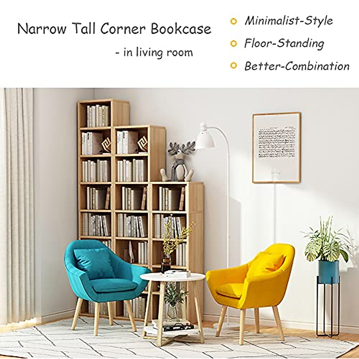 IOTXY Small Narrow Corner Bookcase - 71 Inches Tall Gap Freestanding Storage Cabinet, 8 Lattices Open Shelves Tower Rack, Cubes Bookshelf in Oak