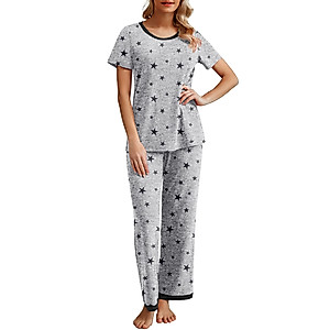 PrinStory 2024 Womens Pajama Set Short Sleeve Sleepwear Ladies Soft Pjs Lounge Set with Pockets Black Star Gray-L