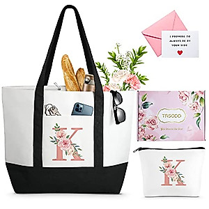 Large Can-vas Tote Bag for Women, Floral Ini-tial Beach Bag w Makeup Bag, Personalized Friend 40th Birthday Couples Bride Bridal Shower Mom Grandma Gifts w Inner Pocket, Top Zi-pper, Gift Box, Card K