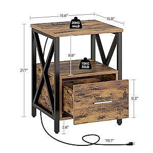 Rolanstar End Table with Wireless Charging Station, Nightstand with Power Outlet & USB Ports, Farmhouse Side Table with Drawer Storage Shelf for Living Room, Bedroom, Rustic Brown