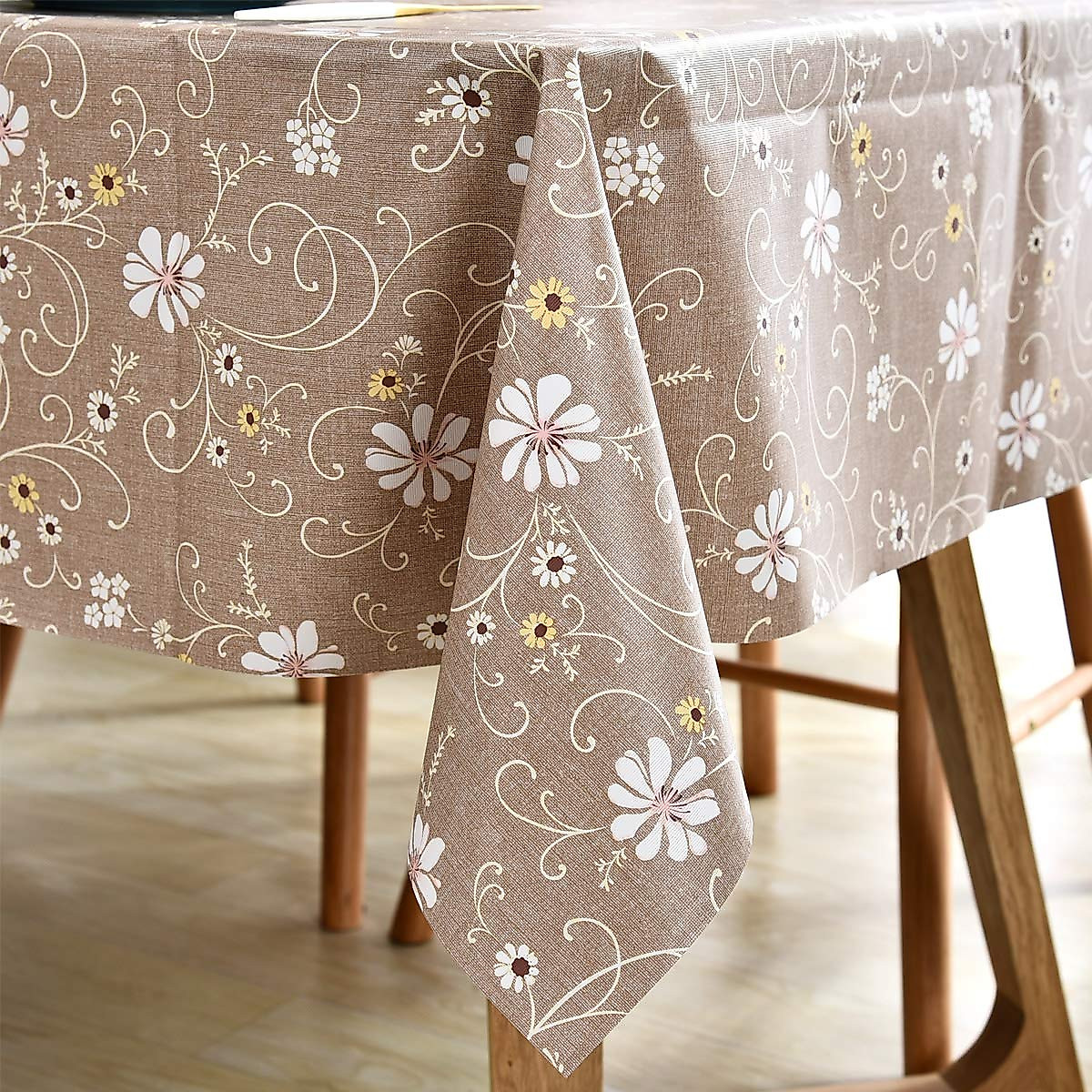 Fall Vinyl Waterproof Tablecloth, Rectangle Plastic PVC Oilcloth Tablecloths Wipeable Table Cloth Cover for 6 Foot Folding Tables, Kitchen, Dining Room Table, Crafting Tan Floral, 54 x 72 Inch