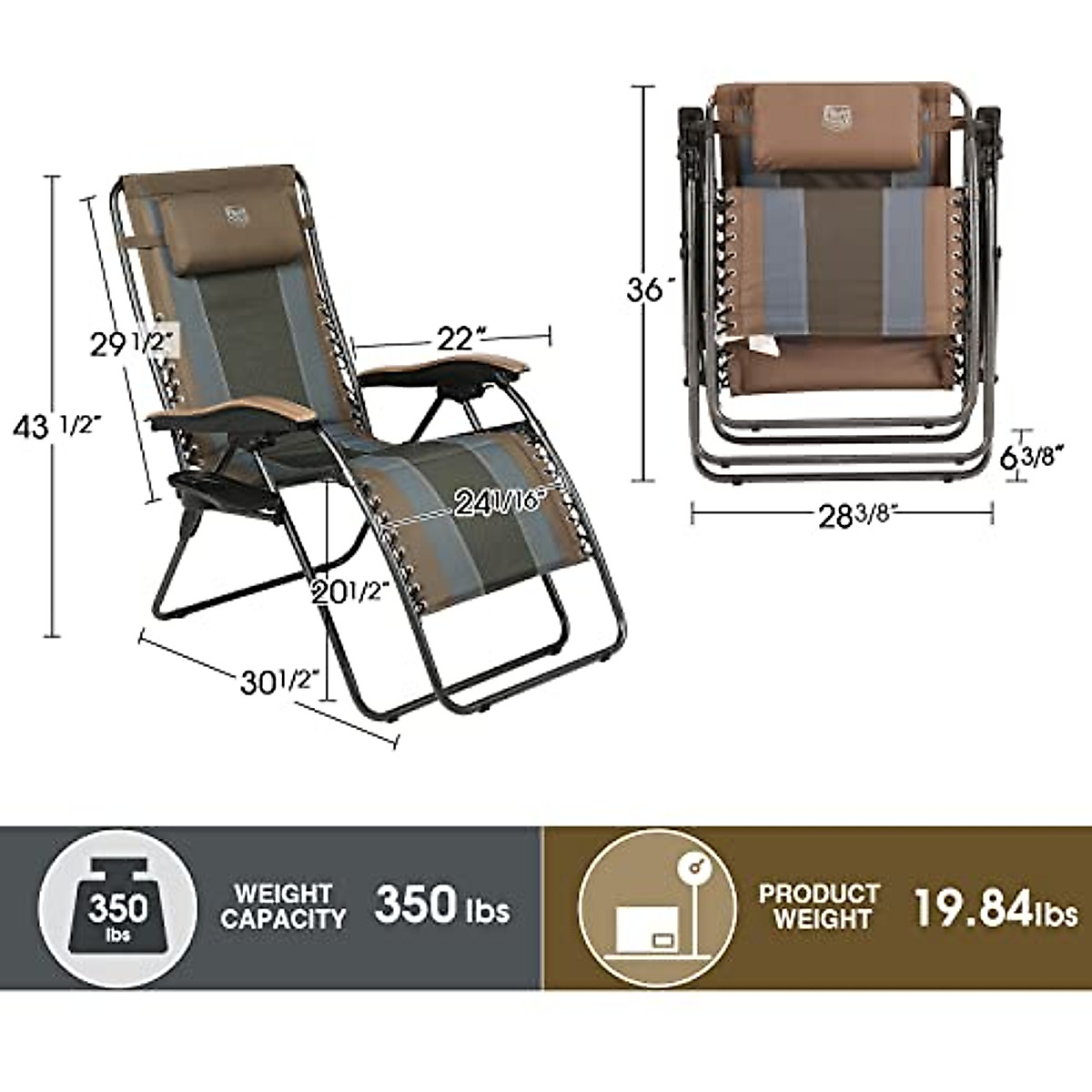 TIMBER RIDGE Outdoor Reclining Patio Padded with Adjustable Headrest and Cup Holder Foldable Zero Gravity Lawn Chair XL for Adults, Support up to 350 LBS, Brown,1 Count