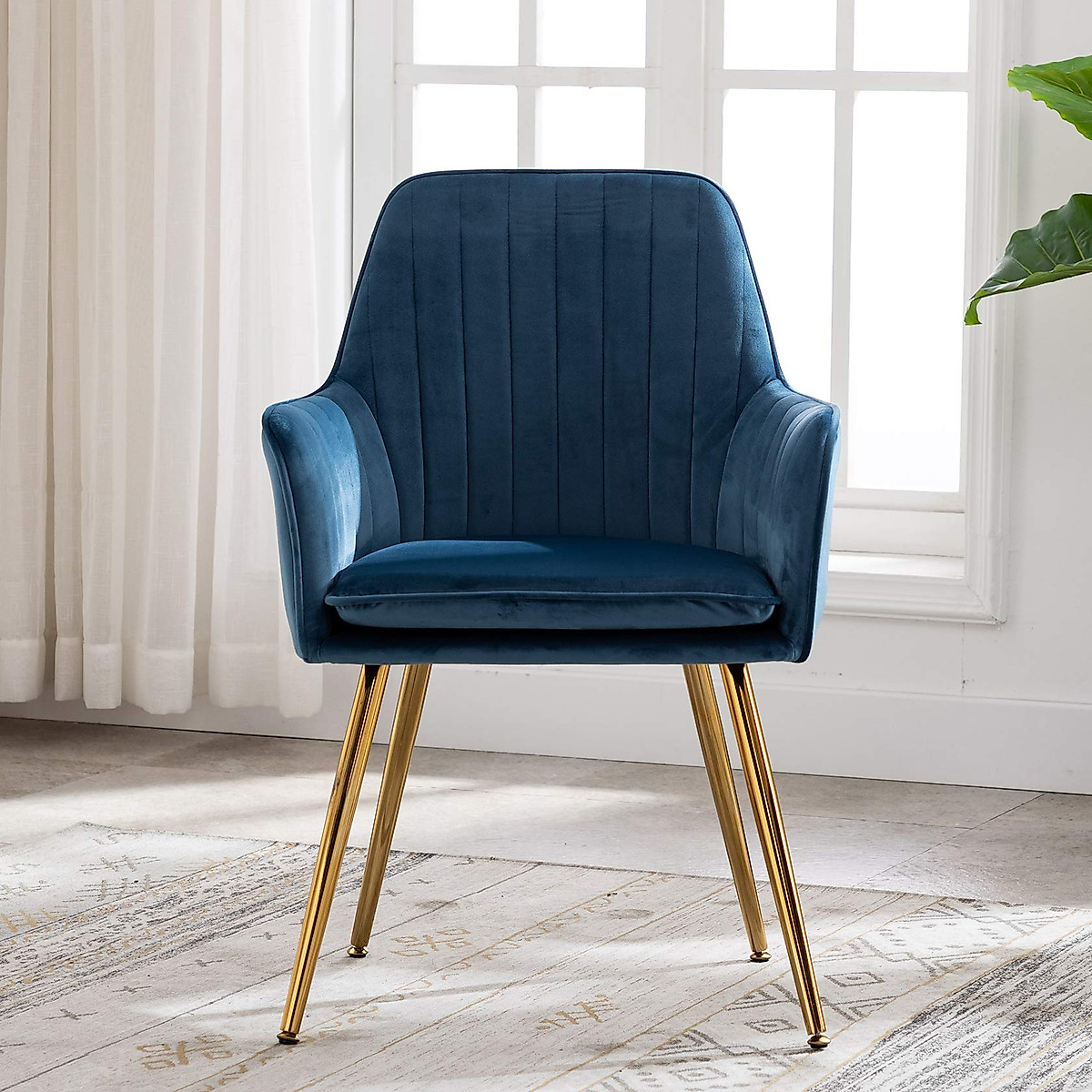 Artechworks Velvet Modern Living Dining Room Arm Chair for Home Office Club Leisure Guest Lounge Bedroom Upholstered with Gold Metal Legs, Blue, 1pcs Chair