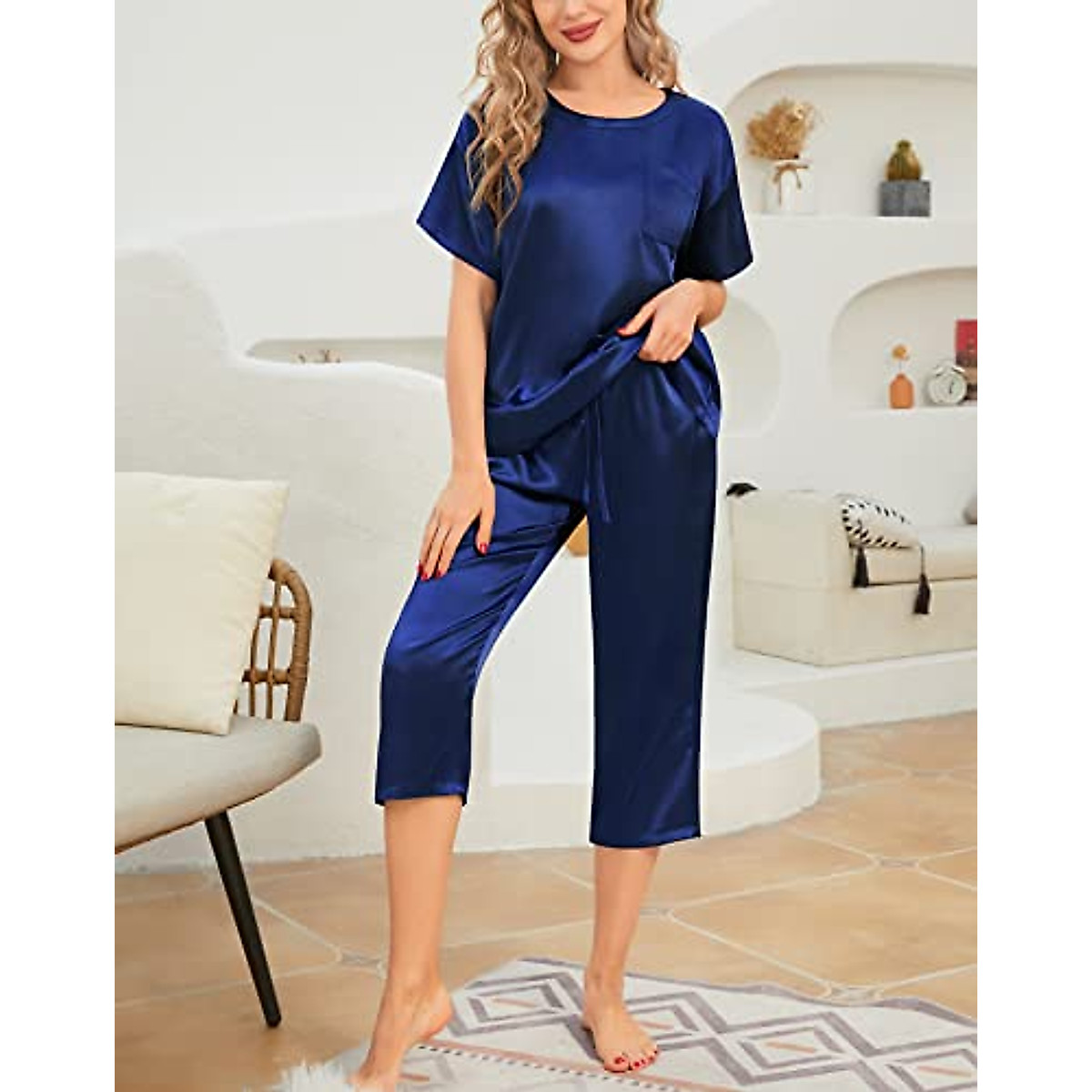 SWOMOG Womens 2 Piece Satin Pajamas Silk Short Sleeve Pjs Sets Capri Bottom Pajama Pants Loose Outfit with Pockets Navy Blue