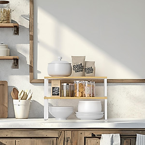 NEX Kitchen Cabinet and Counter Shelf Organizer, Stackable & Expandable, Set of 4, White and Natural - 7.7 x 15.6 x 6.2''