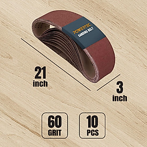 POWERTEC 110470 3 x 21 Inch Sanding Belts, 60 Grit Aluminum Oxide Belt Sander Sanding Belt for Portable Belt Sander, Wood & Paint Sanding, Metal Polishing, 10PK
