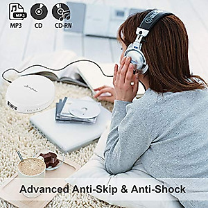 ByronStatics Portable CD Player, Personal Compact Disc Player with Anti-Skip/Anti-Shock, Headphone Jack & Large LCD Display for Car Use and Home Travel, not Rechargeable, Use AA Batteries White