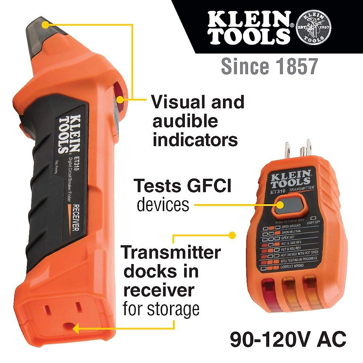 Klein Tools CL390 Digital Clamp Meter, Reverse Contrast Display & 80016 Circuit Breaker Finder Tool Kit with Accessories, 2-Piece Set, Includes Cat. No. ET310 and Cat. No. 69411