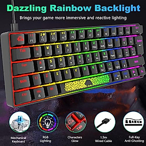 60% Compact Type c - Usb Wired Mechanical Keyboard UK, Blue Switch, RGB Backlit Rainbow LED, Anti-Ghosting, Media Keys, Laser carving, Ergonomic Aesthetic, for Computer PC Laptop PS4 XBOX - Black