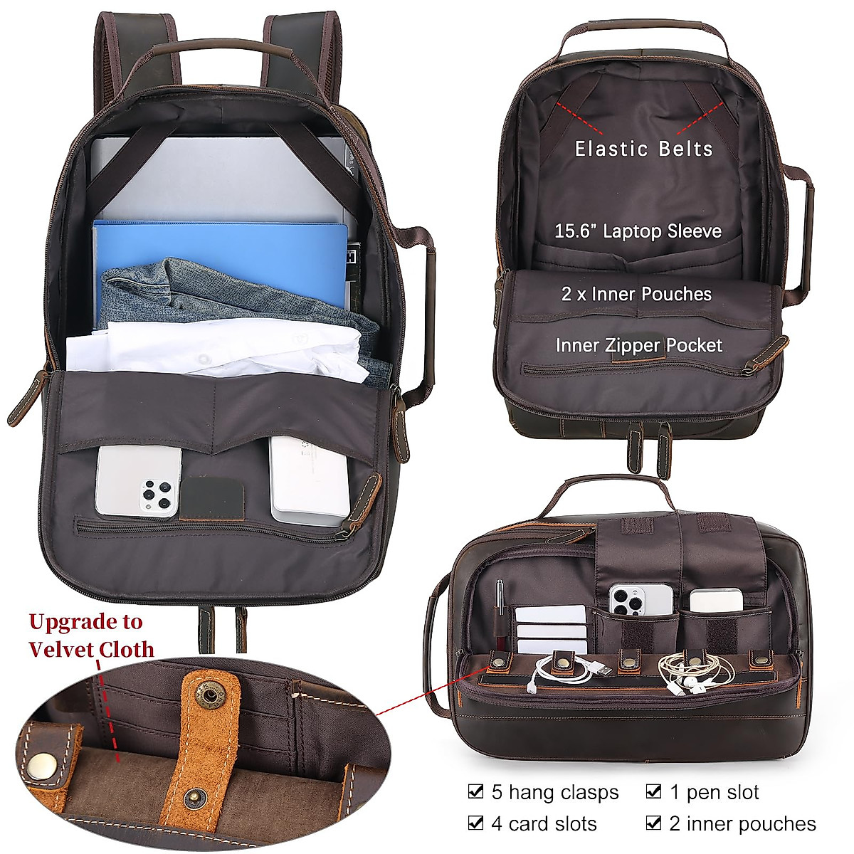 Masa Kawa Leather 15.6" Laptop Backpack for Men Convertible Briefcase Backpacks School Bookbag Expandable Vintage Business Work Travel Rucksack Daypack, Brown