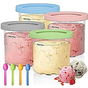 BBAUER Ice Cream Containers 4 Pack for Ninja Creami Pint Containers,16oz Cup Compatible with NC301 NC300 NC299AMZ Series Ice Cream Maker,with 4 PC Spoons,Leak Proof,Pink/Green/Grey/Blue