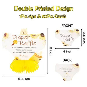 Luiqs Vens Sunflower Diaper Raffle Sign with 50Pcs Diaper Shaped Raffle Ticket Insert Bring a Pack of Diapers Game Kit Sunflower Lottery Insert Cards for Baby Shower Birthday Gender Reveal Party