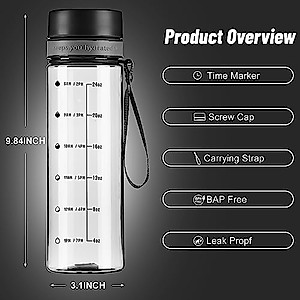 Doseno Reusable Water Bottle, Water Bottle with Time Marker, Plastic Water Bottles with Strap, Gym Water Bottles for Men, 28OZ Clear Water Bottles, Black