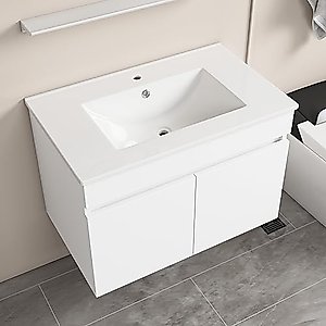 30" Floating Bathroom Vanity with Sink Combo, Wall Mounted Bathroom Vanity Cabinet with Two Soft Close Doors, Wood Bath Vanity with White Ceramic Basin Sink Top for Home Furniture, 30 Inch White