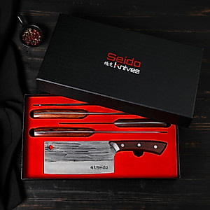 Seido 5-Piece Caveman Butcher Knife Set - Precision Forged High-Carbon Stainless Steel Blades with Black Oxide Finish - Ergonomic Mahogany Handles in Reddish-Brown