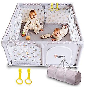 Nutty Toys Baby & Toddler Playpen - Safe & Sturdy Design | Extra Cushioning, Pull Rings, Large Pocket & Carry Bag | Fast Assembly 50x50 Big Play Pens for Babies and Toddlers, Large Area Kids Play Yard
