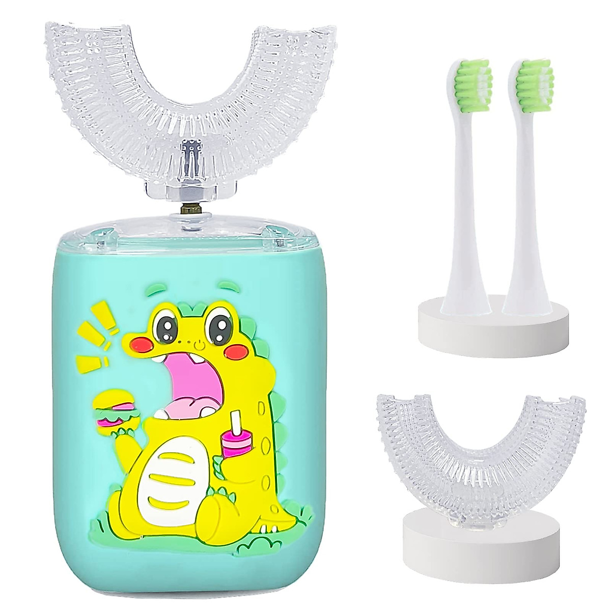 BLEBLE Kids Toothbrush Electric, Ultrasonic U Shaped Automatic Toothbrush with 4 Brush Heads 6 Cleaning Modes, IPX7 Waterproof Toothbrush Suitable for 2-12 Year-Old Children (Yellow)