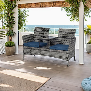 Patio Loveseat Set 2-seat Leisure Furniture with Coffee Table and Soft Cushion, Suitable forLawn Garden,Courtyard, Strong Weather Resistance Outdoor (Grey)