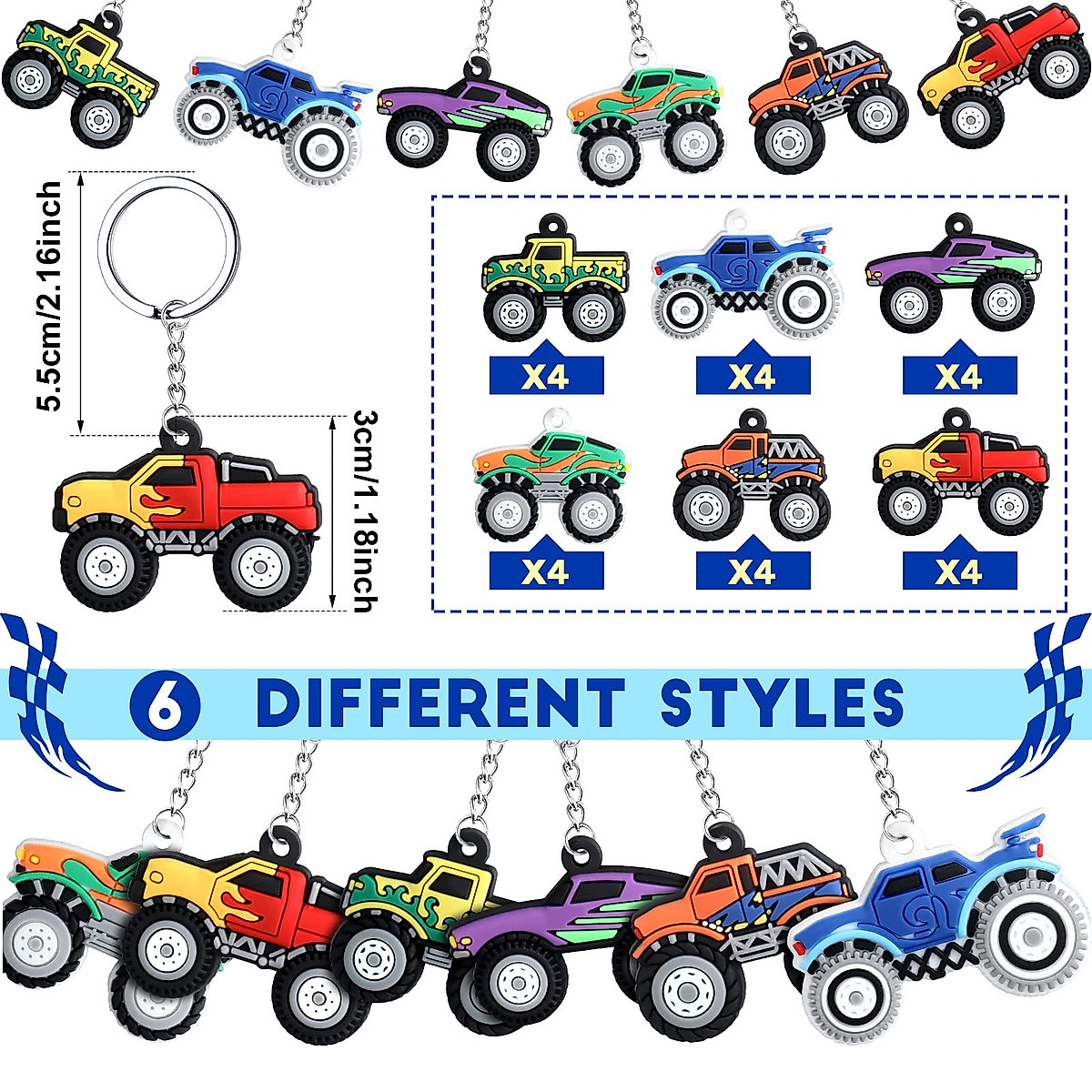 Kenning 24 Pieces Mini Truck Keychain Key Ring Decoration Silicone Truck Party Favors Keychain Truck Birthday Party Supplies for Kids(Truck)