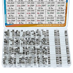AUKENIEN Fast Blow Glass Fuses Kit 24 Values 400pcs 5x20mm 0.25A 0.5A 1A 1.6A 2A 2.5A 3A 3.15A 4A 5A 6.3A 8A 10A 12A 15A 20A 250V 6x30mm 0.5A 1A 2A 3A 5A 10A 15A 20A Quick Round Fuse Tube Assortment