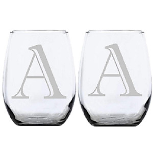 2pk Stemless Wine Glasses, Monogrammed Stemware, Personalized, Etched Glasses, Letter A