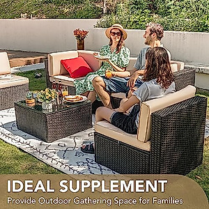 Devoko Patio Furniture Sets 6 Pieces Outdoor Sectional Rattan Sofa Manual Weaving Wicker Patio Conversation Set with Glass Table and Cushion (Beige)