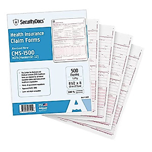 SecurityDocs 500 CMS-1500 Health Insurance Claim Forms, Laser/Inkjet Compatible (HCFA Form 1500 Version 02-12) 8.5x11, 500 Forms (59211)
