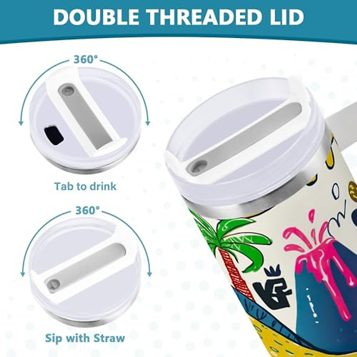 RPLIFE Cute Colorful Dinosaurs Coffee Tumbler with Handle, Stainless Steel Mug, Straw Water Bottle
