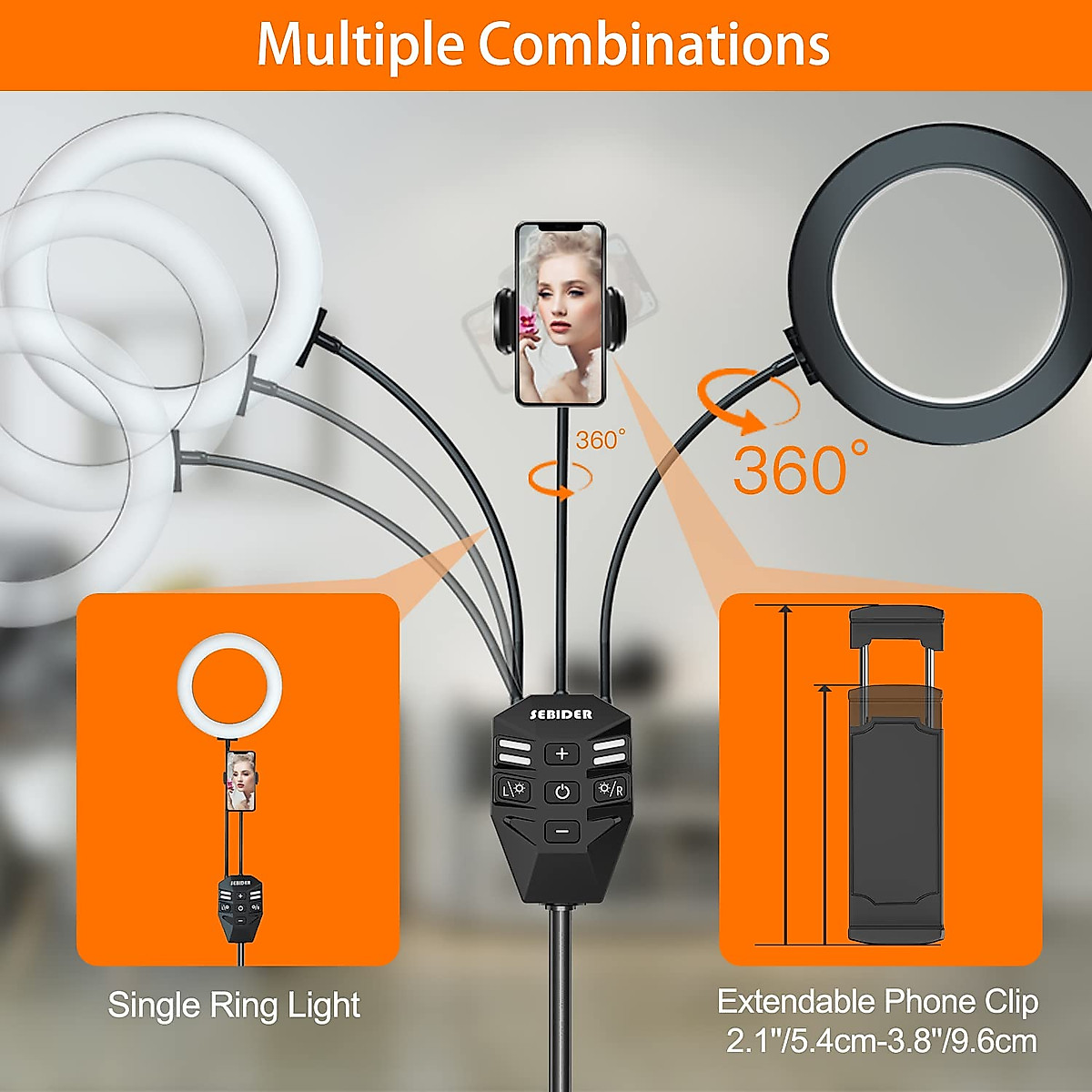 SEBIDER Dual 36W 6500K LED Ring Light with 73" Extendable Tripod Stand & Phone Holder, Portable Light Rings Used for YouTube Video/Selfie/Live Stream/Makeup/TikTok