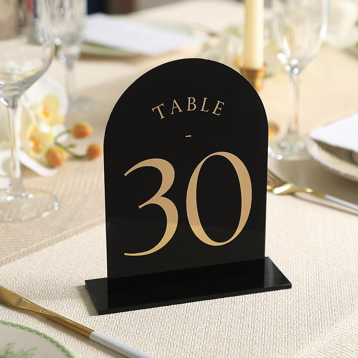 UNIQOOO Black Arch Wedding Table Numbers with Stands 1-30, Gold Foil Printed 5x7 Double Sided Acrylic Signs and Holders, Perfect for Centerpiece, Reception, Decoration, Party, Anniversary, Event