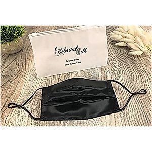 Celestial Silk Premium 22 Momme Silk Face Mask Reusable and Washable Anti Dust Mouth Cover with Adjustable Ear Loops Women (Pleated, Black)