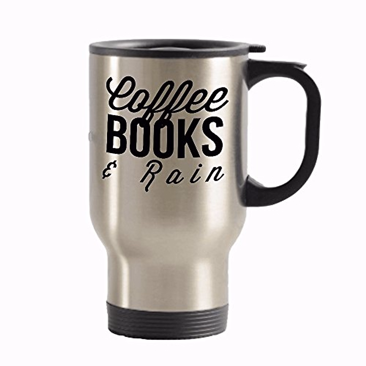 Book Lover Travel Mug - Novelty Gifts, Stainless Steel Insulated Cup By Vitazi Kitchenware - Great Gift for Bookworms, Readers, Book Nerds, Coffee Addicts Coffee Books & Rain (Silver)