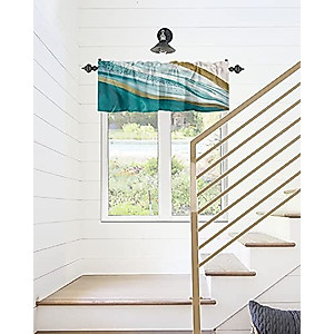 Abstract Curtain Valance for Window,Kitchen Rod Pocket Short Curtains Panel Turquoise White Gold Marble Texture Windows Treatment Drapes for Bathroom Living Room Decor 42x12In Stone Fluid Art