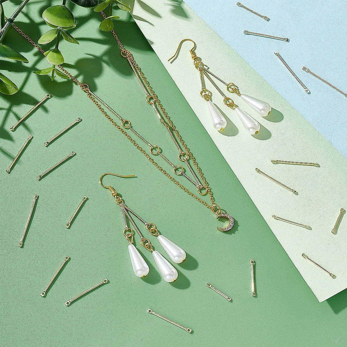 PandaHall 80pcs 14K Gold Plated Earring Links Bars Connectors, Brass 2-Hole Earring Strip Stick Golden Bar Jewelry Connector for DIY Earring Bracelet Jewelry Making Arts Crafts, 15/20/25/30mm