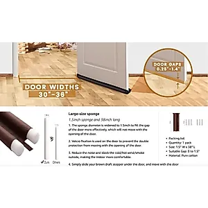 Door Draft Stopper,Under Door Blocker Size of MUOVE Adjustable Size from 32" to 36"，Cover Gap Up to 1.4"，Air Door Guard Sound Blocker Door Sweep, Water-Proof, Winter-Proof, Block Light，Energy Saving