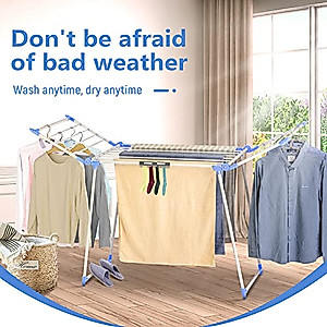 YUBELLES Clothes Drying Rack, Gullwing Laundry Rack, Collapsible, Space-Saving Laundry Rack, with Bonus Sock Clips, for Clothes, Towels, Linens, Indoor/Outdoor, Blue