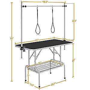 Yaheetech 46'' Pet Grooming Table for Large Dogs Adjustable Height Portable Trimming Table Drying Table w/Arm/Noose/Mesh Tray Maximum Capacity Up to 265Lb, Black