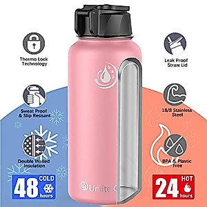 Umite Chef Sports Water Bottle with New Wide Handle Straw Lid, Vacuum Insulated Stainless Steel Thermos Mug, 32 oz Double Walled Wide Mouth Water Bottle ,Leak Proof, Sweat Free (Flamingo)