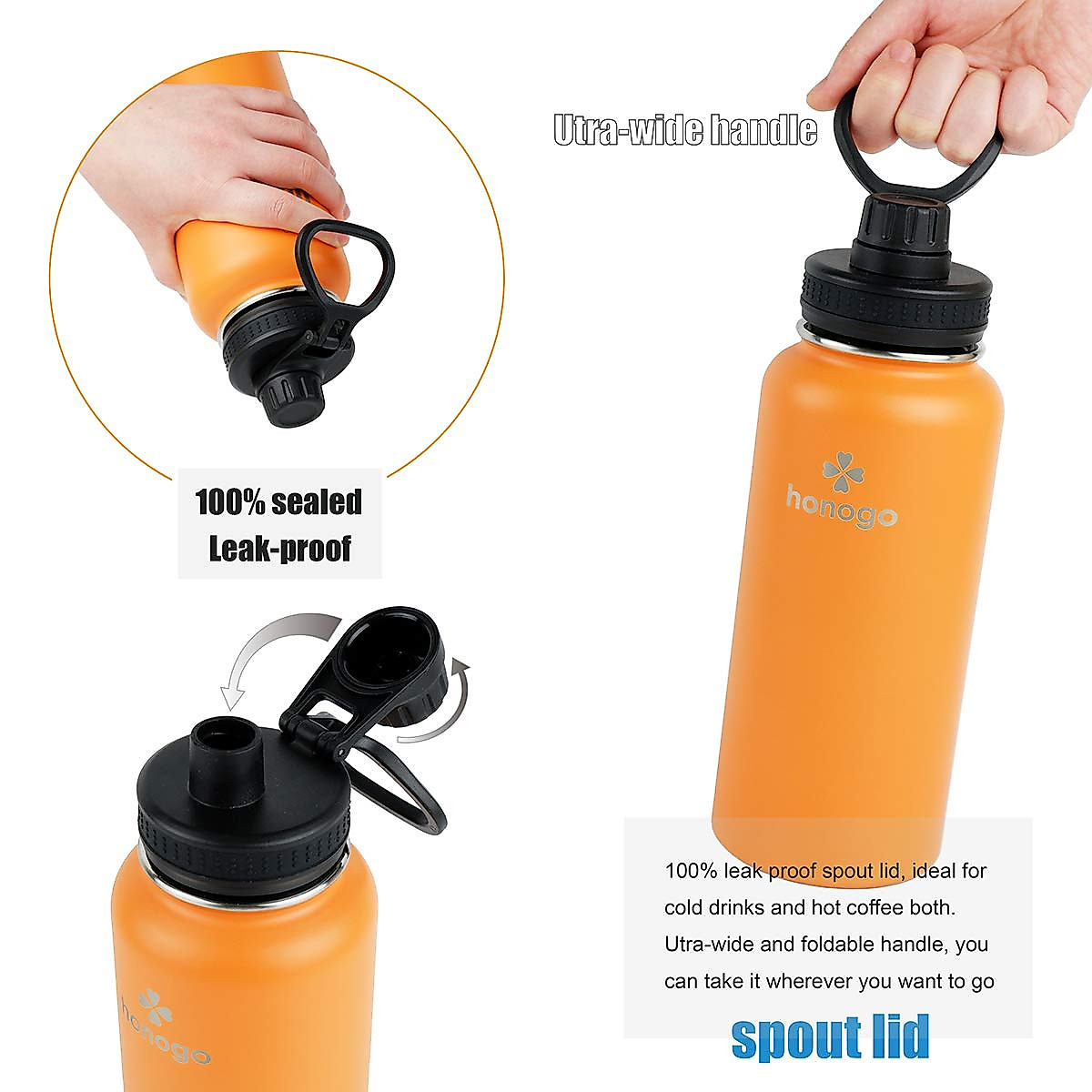 honogo 32 oz Powder Coated Double Wall Vacuum Insulated Sports Water Bottle, 18/8 Stainless Steel Wide Mouth Thermos Flask with Straw Lid & Spout Lid, Leak Proof, Sweat Free, BPA Free (Orange, 32 oz)