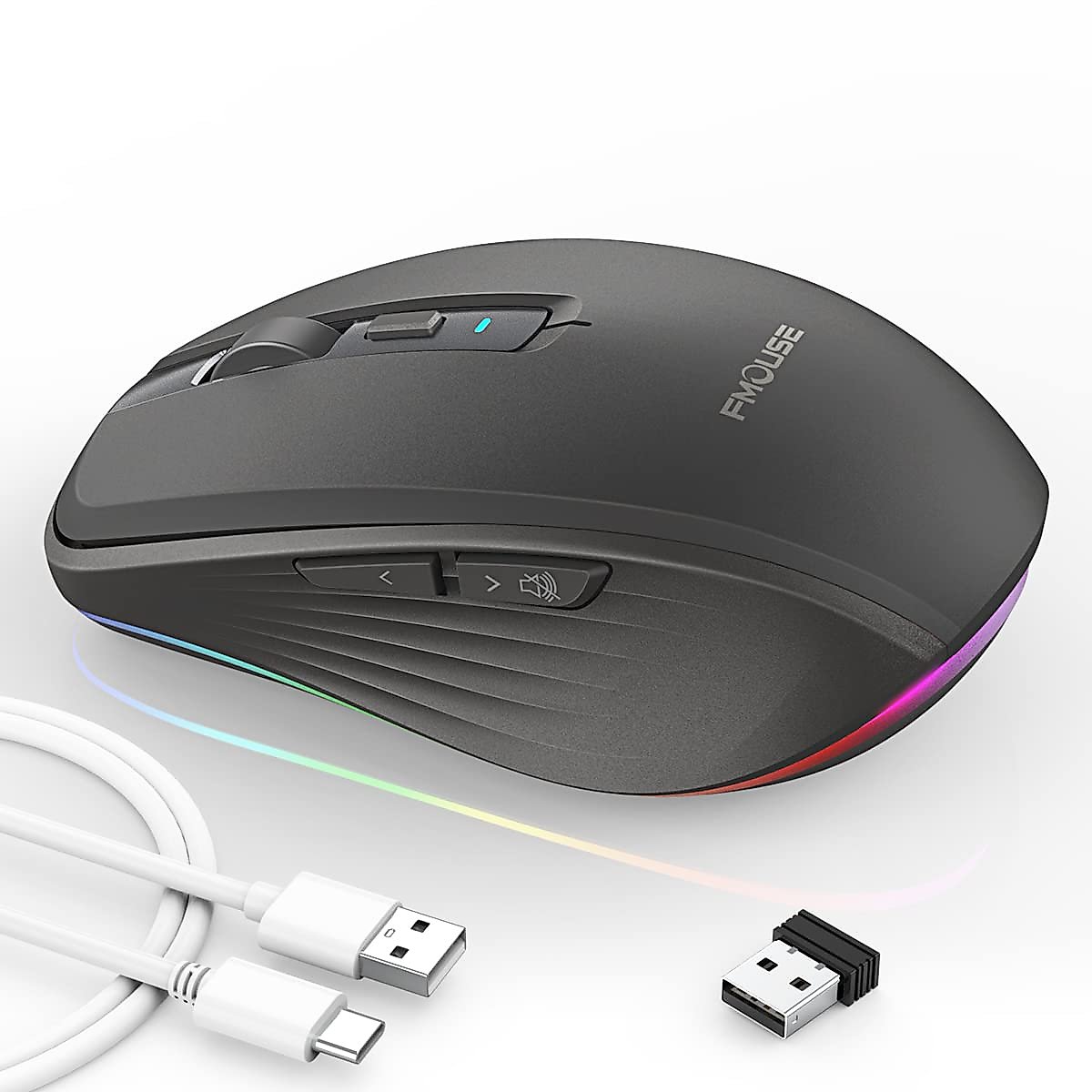 FMOUSE Rechargeable Wireless Mouse, Silent Mouse with RGB Lights, 2.4G Wireless & Bluetooth 5.1 Dual Mode 2400 DPI USB-C 700mAh Battery, Ergonomic Mouse for PC, Computer, Laptop, Desktop (Black)