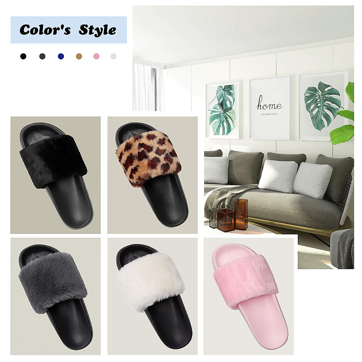 Spesoul Womens Fuzzy Slides Open Toe Furry Slide Slippers Indoor Outdoor Slides Sandals Casual Flat Fluffy House Slippers 9