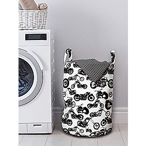 Ambesonne Motorcycle Laundry Bag, Retro Chopper Pattern Monochrome Motorbike Design Adventure Cruising Theme, Hamper Basket with Handles Drawstring Closure for Laundromats, 13" x 19", Black White