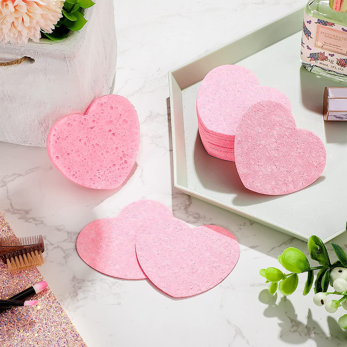 100 Pieces Heart Shape Facial Sponges Compressed Natural Cellulose Sponge Reusable Cosmetic Makeup Remover Sponge Face Cleansing Natural Sponge for Face Cleansing Exfoliating (Pink)