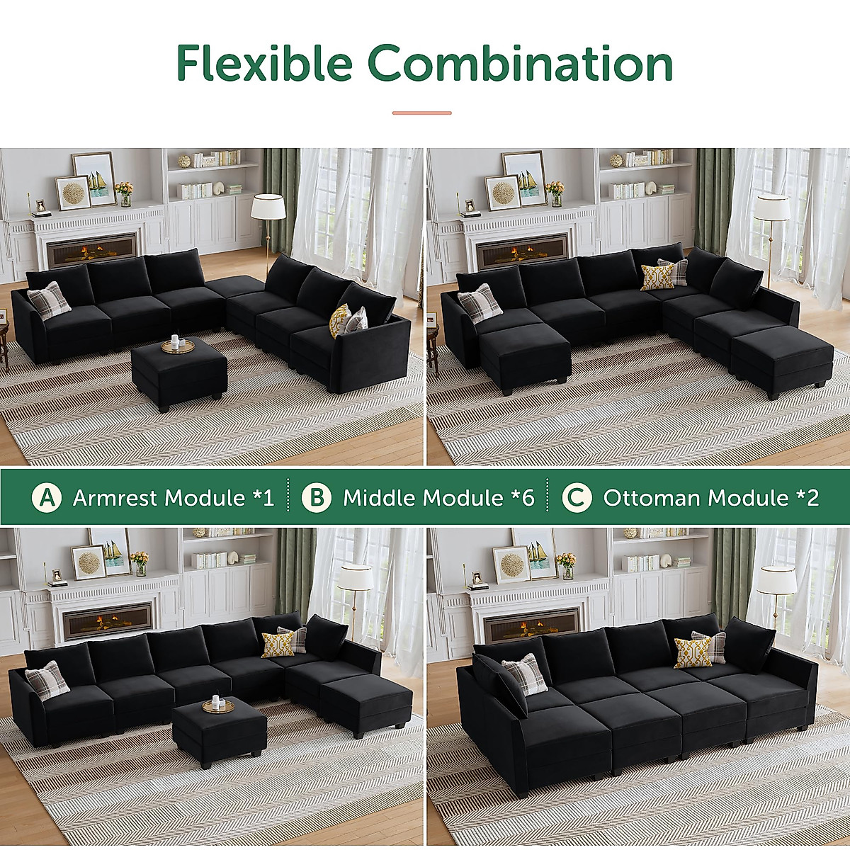 HONBAY Modular Sectional Sleeper Sofa Velvet Sectional Sleeper Couch with Storage Seats Oversized Sectional for Living Room,Black